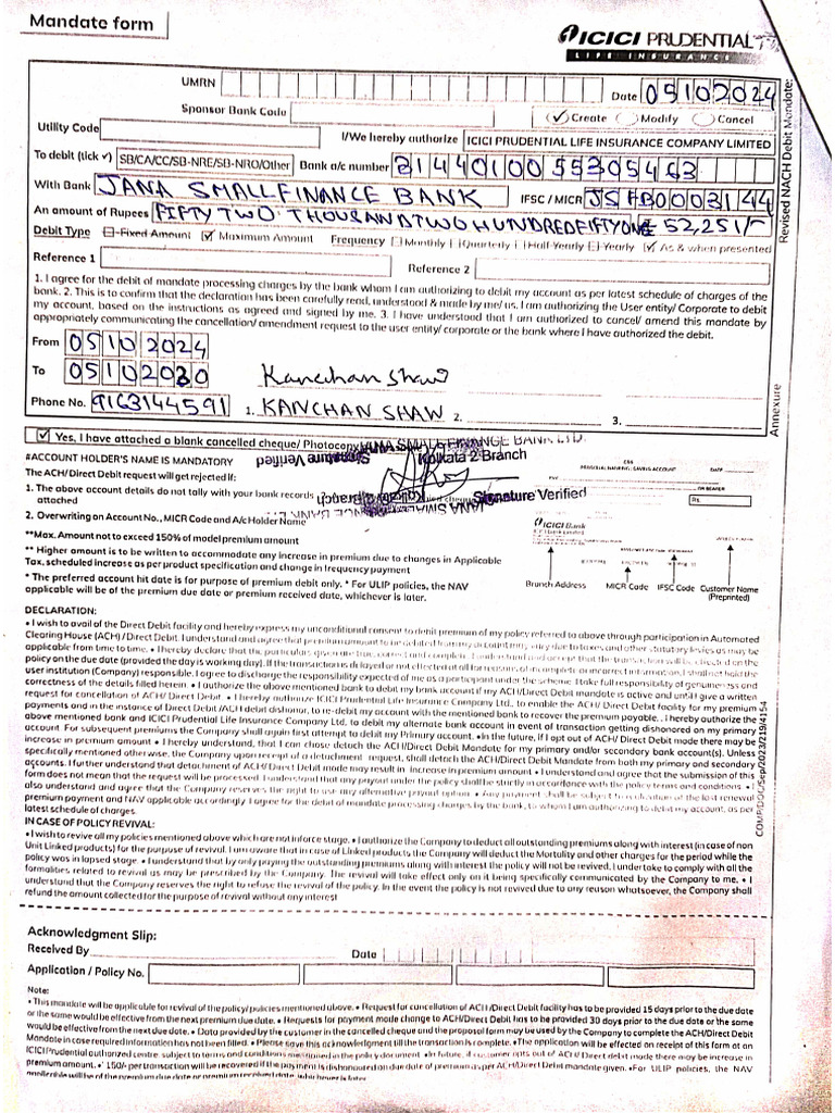 Signed Mandate Form Icici Pru | PDF