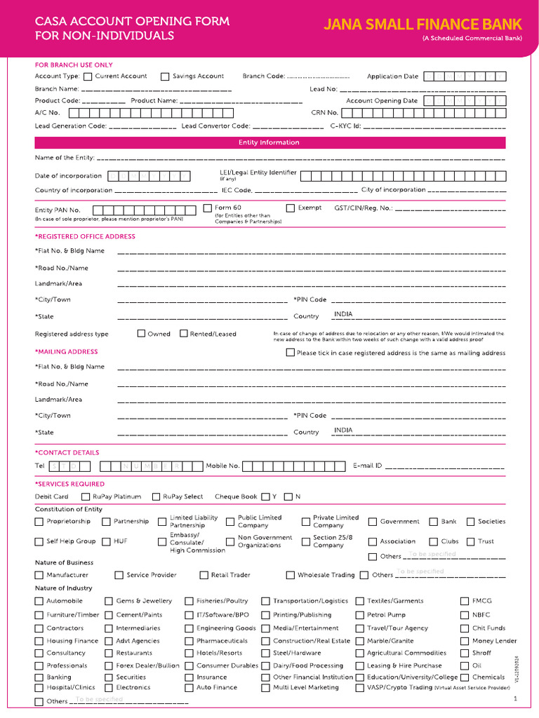 CASA Account Opening Form For Non Individuals | PDF