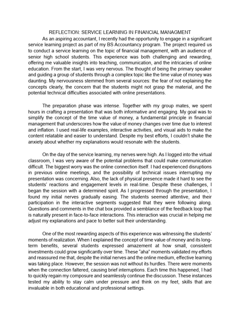 Reflection Service Learning in Finman | PDF | Service Learning ...