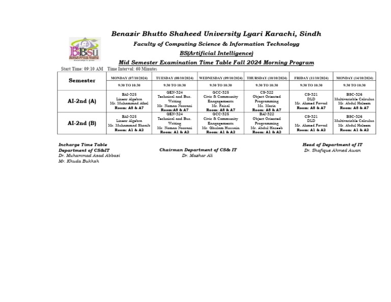 Mid Semester Examination Timetable Fall 2024 AI-1 | PDF
