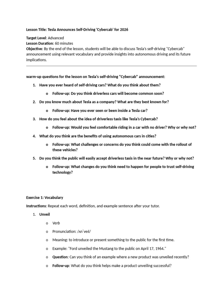Tesla's 2026 Cybercab Announcement Lesson | PDF | Transport | Vehicles