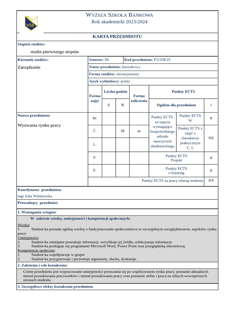 Studia Pierwszego Stopnia: Rok Akademicki 2023/2024 | PDF