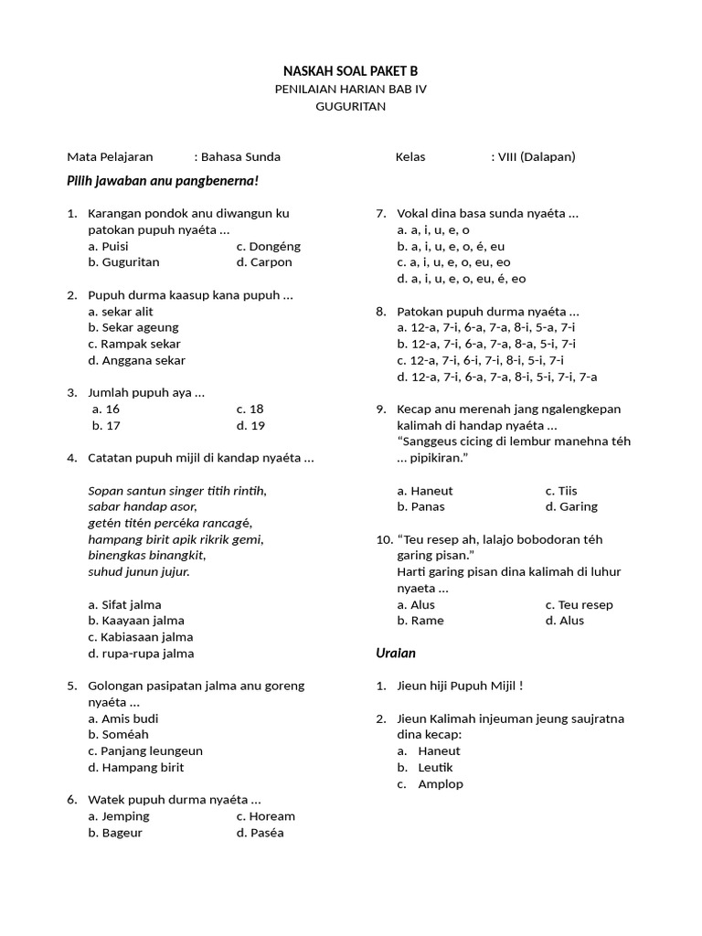 Naskah Soal Bahasa Sunda Kelas 8 Bab Iv Paket B Guguritan | PDF