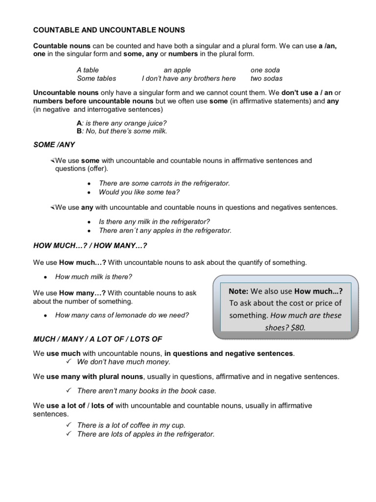 Countable and Uncountable Nouns - Explanation Sheet | PDF | Noun | Plural