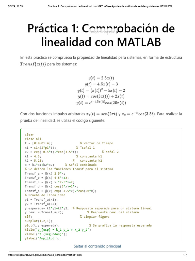 Linealidad en Sistemas con MATLAB | PDF | Mecánica | Física