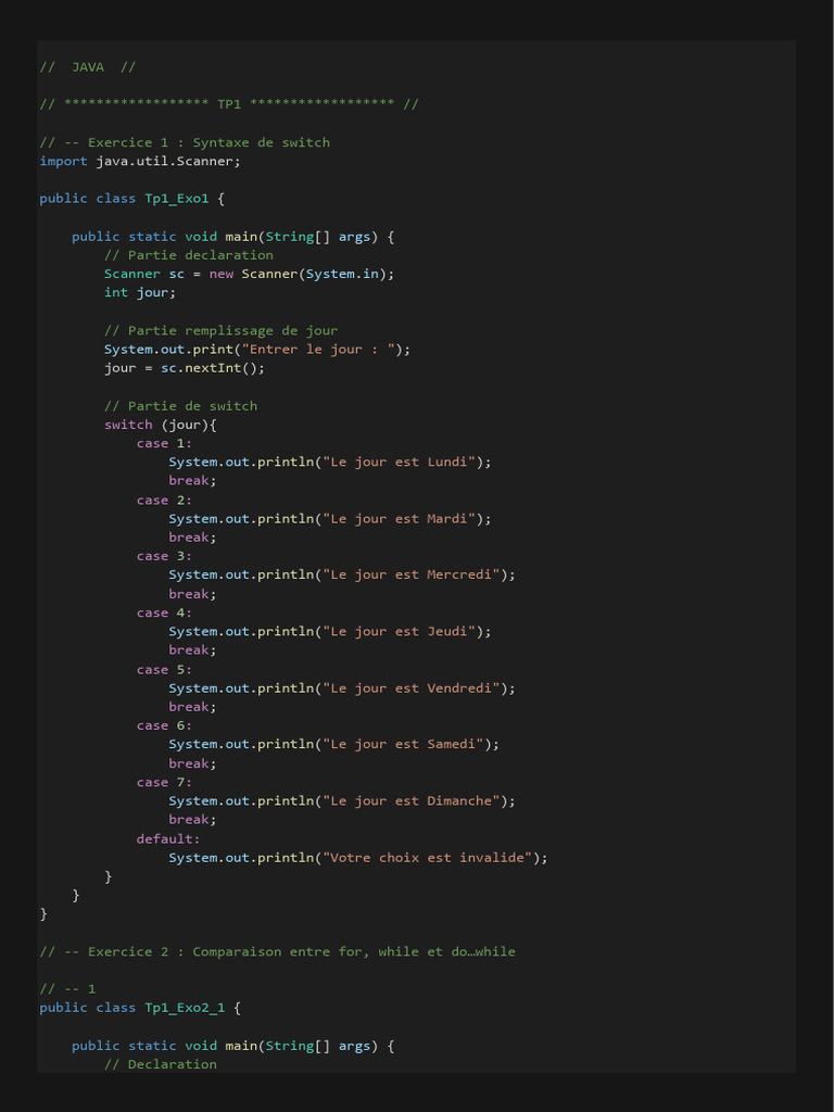 Exemples de syntaxe Java : switch et boucles | PDF | Java (Langage de ...