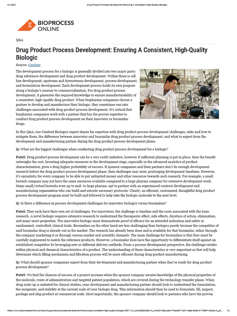 Drug Product Process Development Ensuring A Consistent High-Quality Biologic | PDF ...