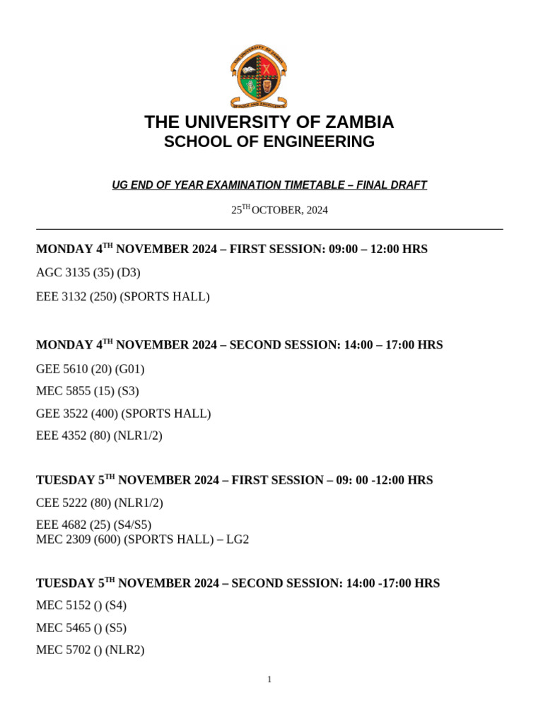 Final Draft Ug End of Year Examination Timetable (2024) | PDF