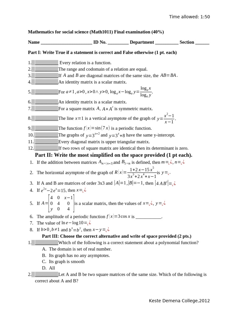 Final Kestedemena SC | PDF | Matrix (Mathematics) | Function (Mathematics)