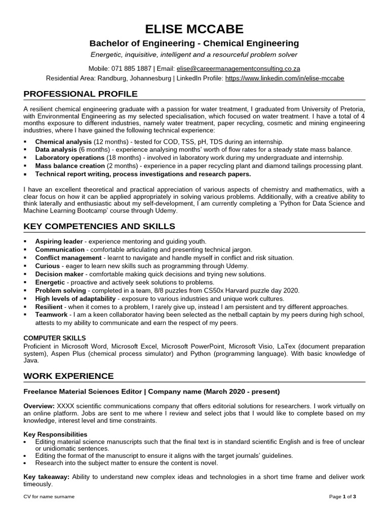 CV Example_Name Surname_Chemical Engineer (1) (1) | PDF | Engineering | Sewage Treatment