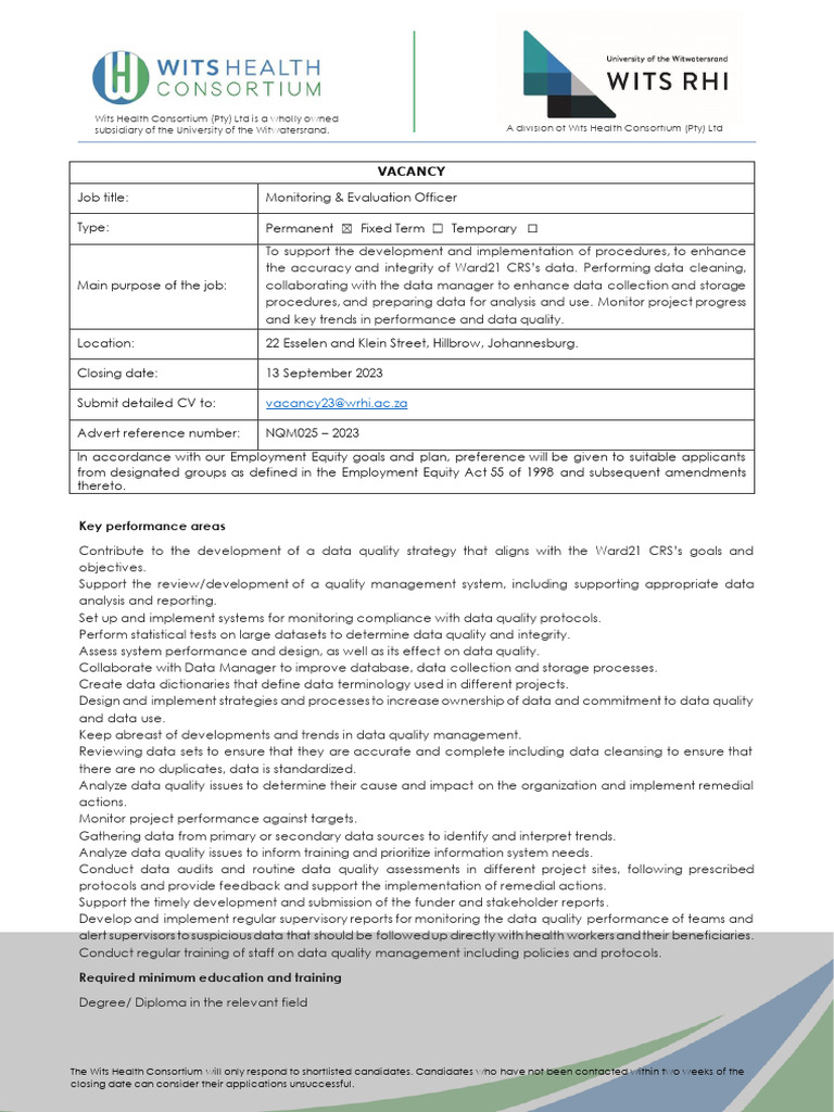 Vacancy - MonitoringEvaluation Officer - Wits RHI (Research Team) - Sep ...