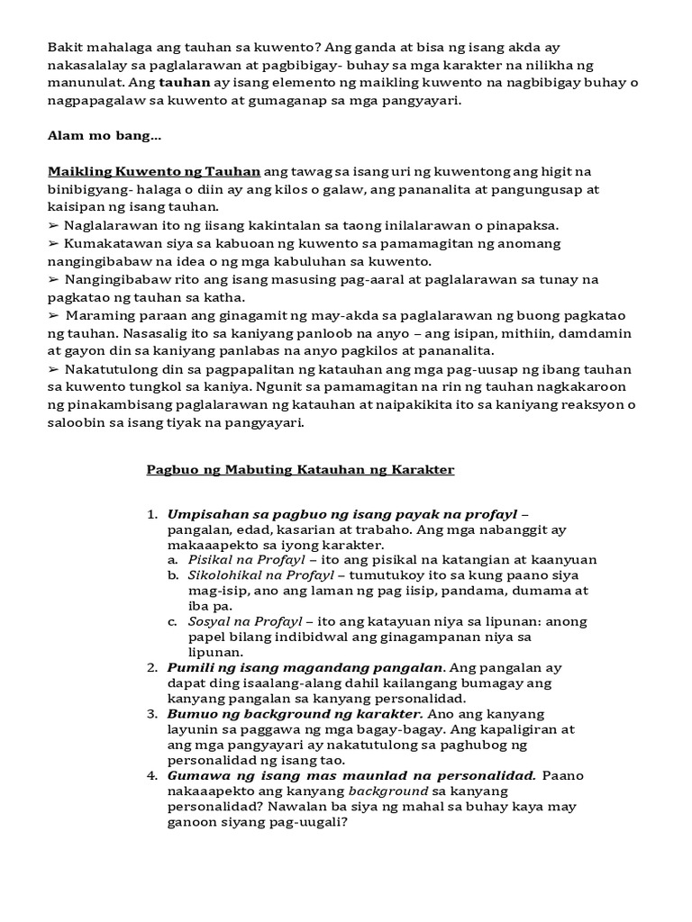 Bakit Mahalaga Ang Tauhan Sa Kuwento - 015017 | PDF