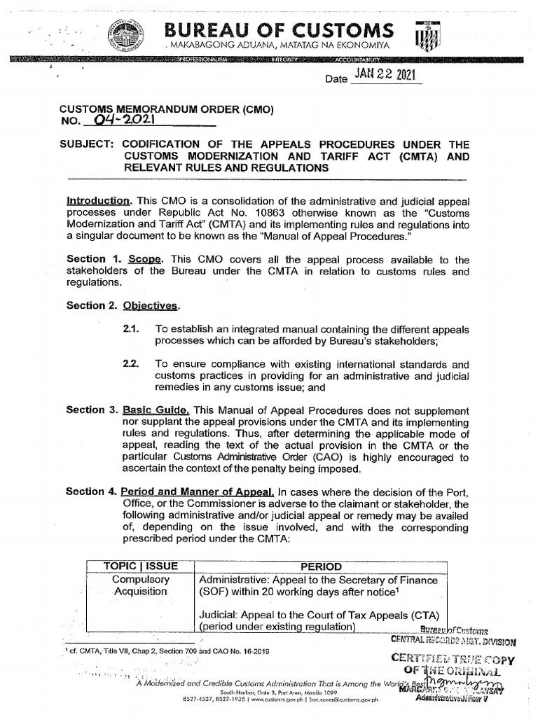 BoC Customs Memorandum Order No 04 2021 | PDF