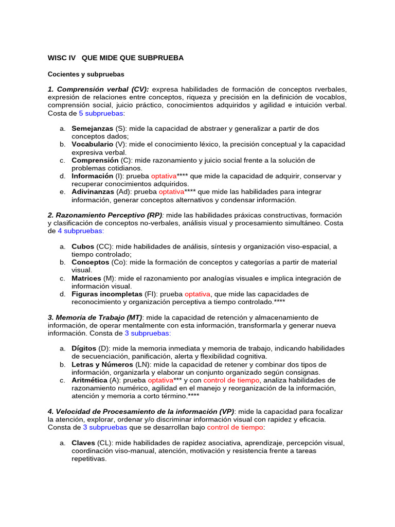 Wisc Iv Que Mide Cada Subprueba | PDF | Atención | Memoria