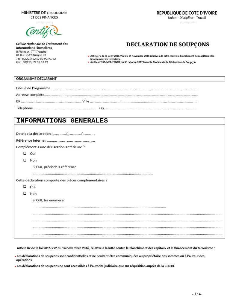Modèle de Déclaration de Soupçon | PDF | Blanchiment d'argent