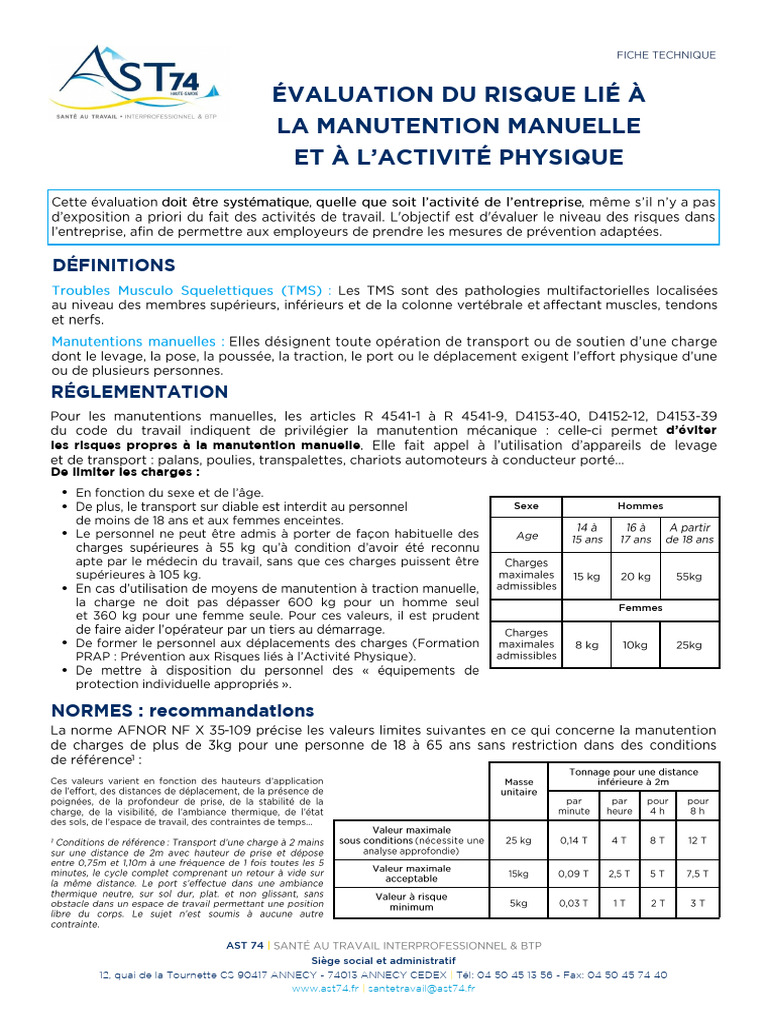 Fiche Manutention Et Activit Physique E2017 AST 74 | PDF | Risque