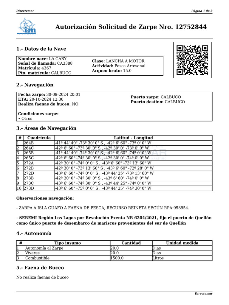Autorización Zarpe Embarcación LA GABY | PDF