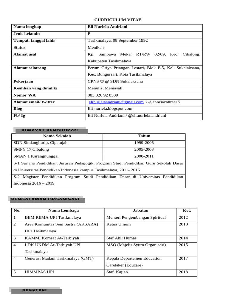 CV Eli Nurlela Andriani | PDF | Karier & Perkembangan