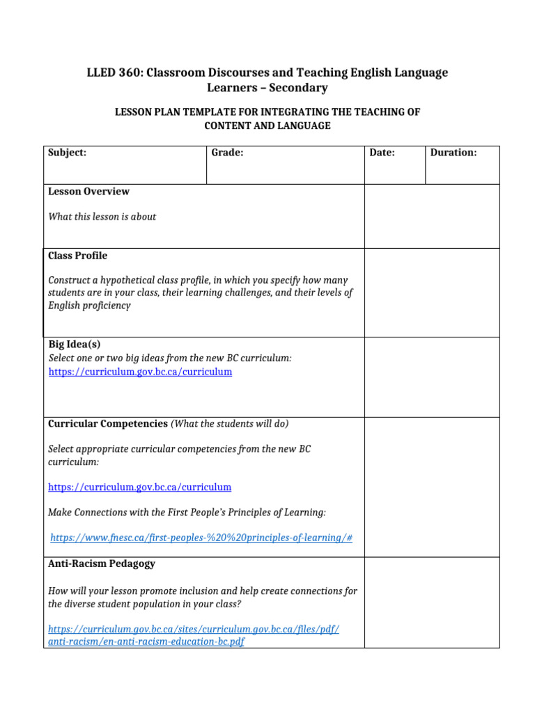 Lesson Plan Template LLED 360 - W1 - 2024 | PDF | Curriculum | Learning