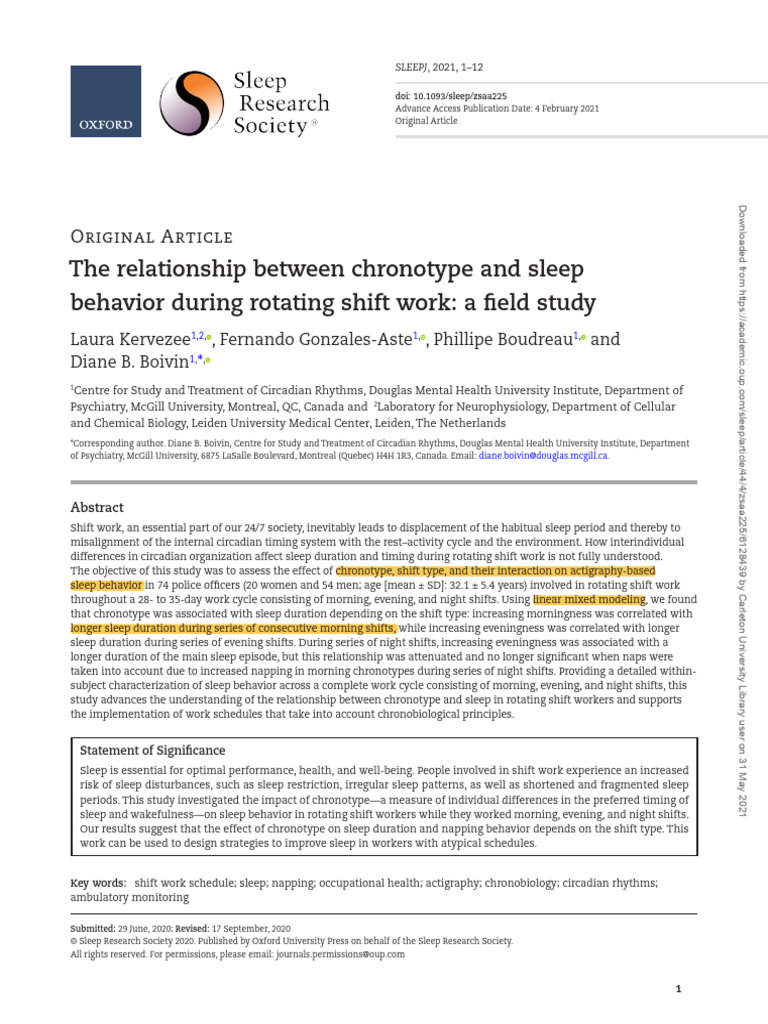 The relationship between chronotype and sleep behavior during rotating shift work: a field ...