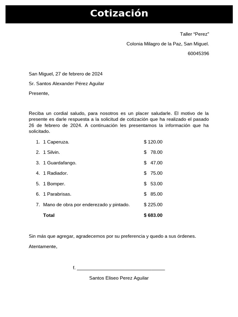 Modelo de Carta de Cotización | PDF