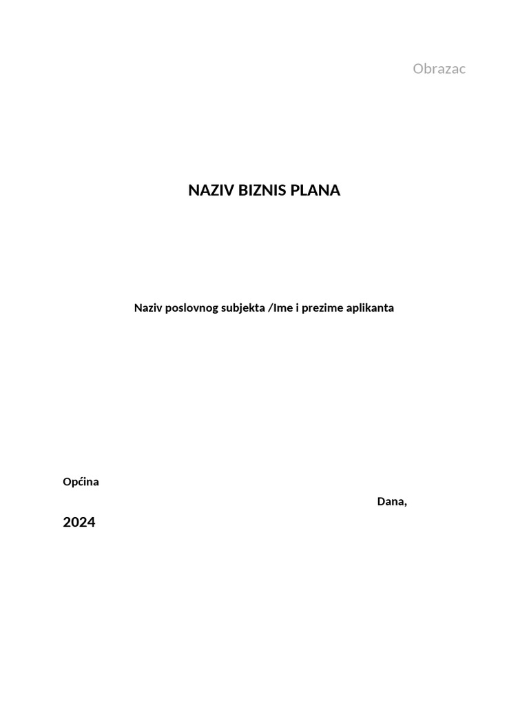 BIZNIS - PLAN Obrazac | PDF