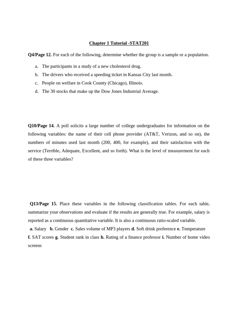 Tutorial 1 Questions Stat 201-Student Version | PDF