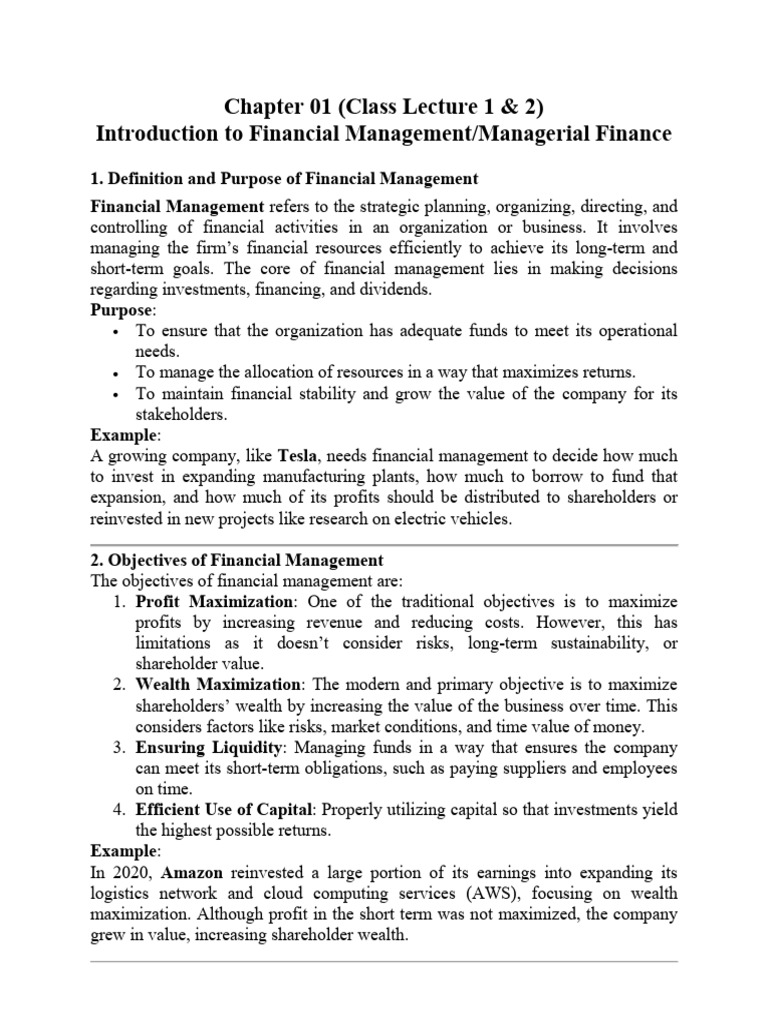 Chapter 1 Introduction to Financial Management (Class Lecture 1 & 2 ...
