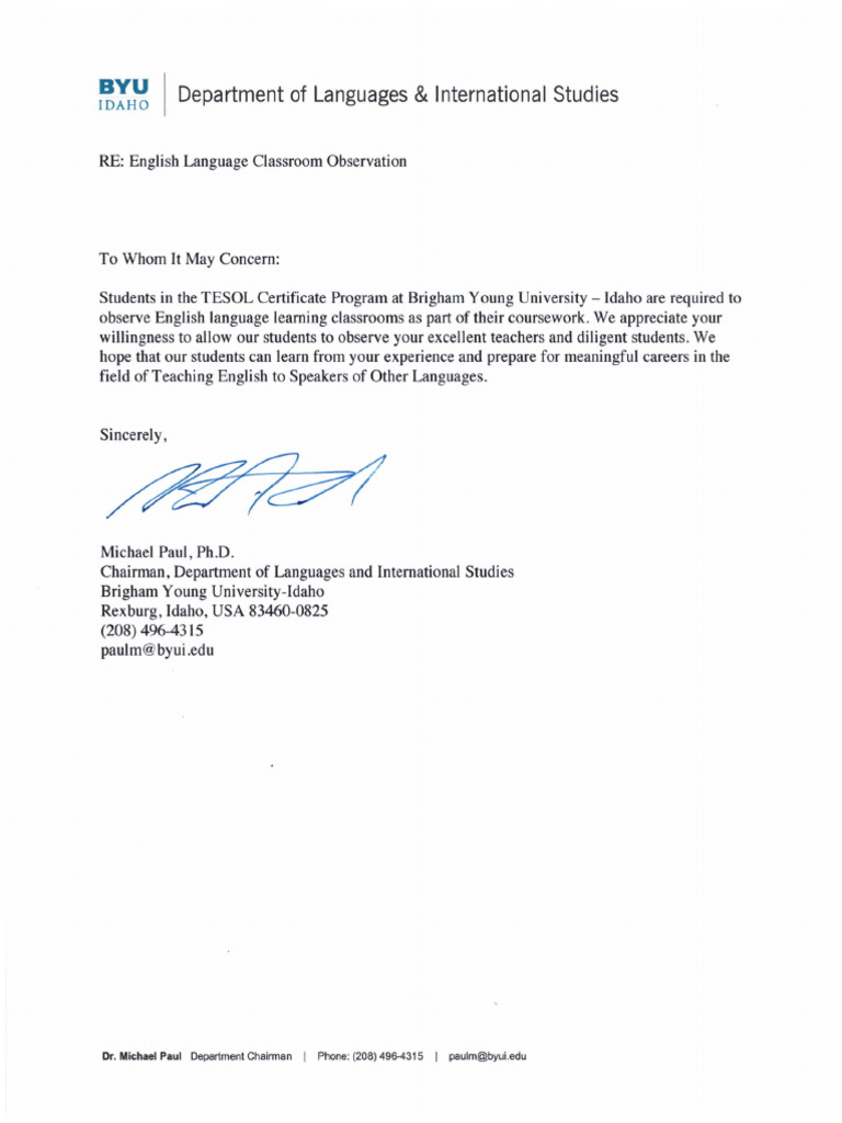 Tesol 101 Document ClassroomObservatonLetter | PDF