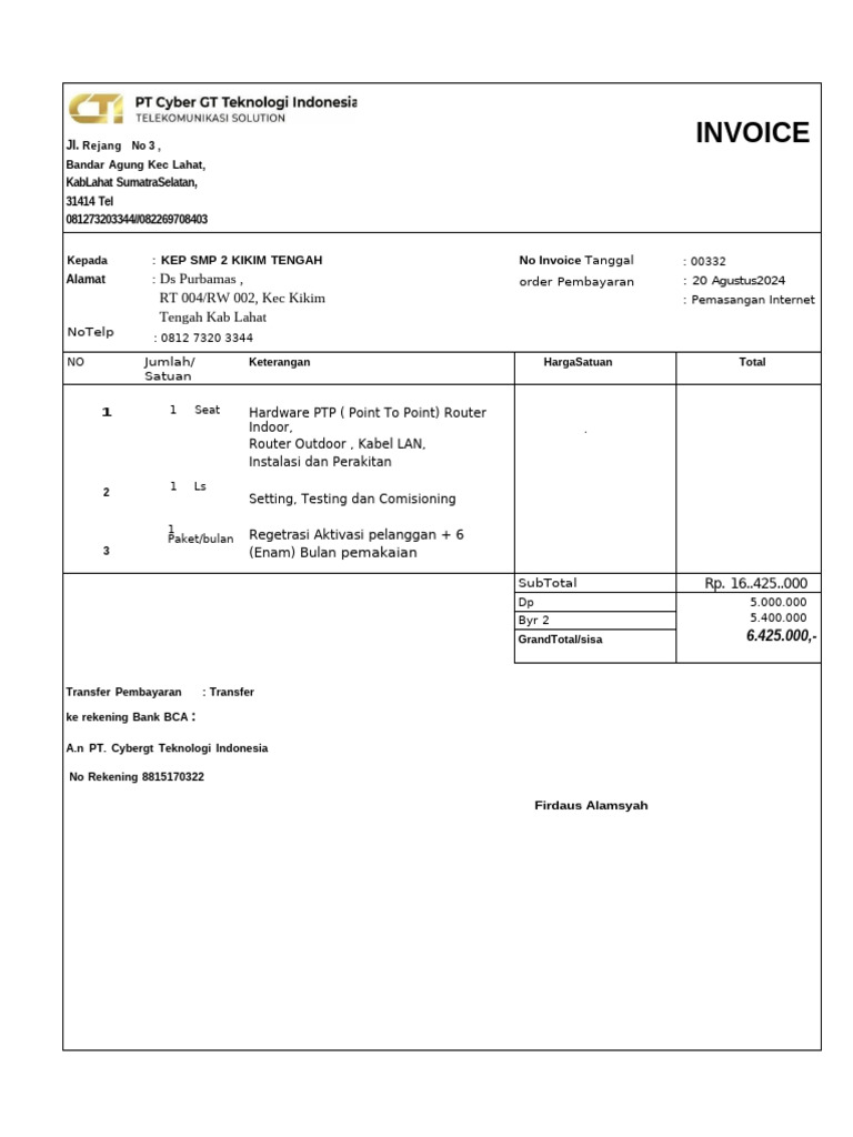 Invoice Internet SMP 2 Kikim Tengah | PDF