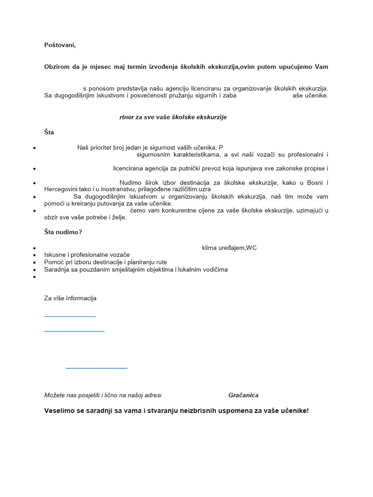Pismo Namjere Direktorima Škola, Juppi Tours | PDF