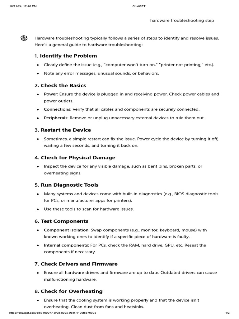 Hardware Troubleshooting Steps | PDF | Computer Hardware | Troubleshooting