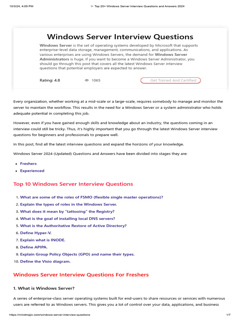 Top 20+ Windows Server Interview Questions and Answers 2024 | PDF | Domain Name System | Active ...