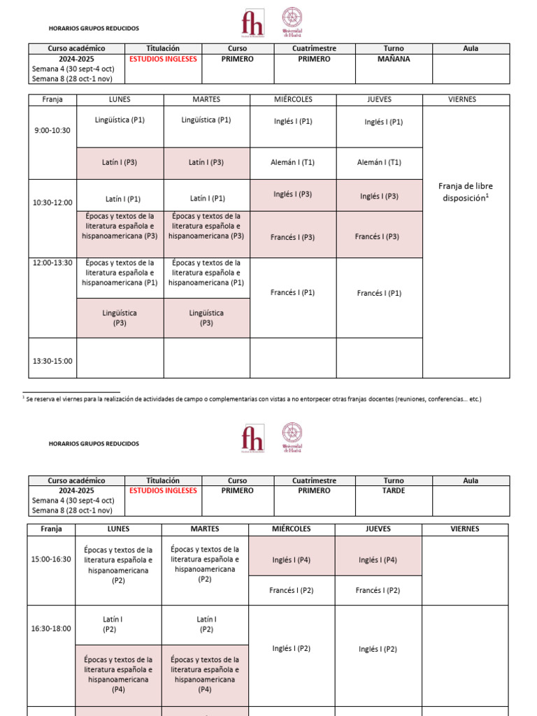 GraEstIng-Horarios (Semanas Alternas) | PDF | Lingüística ...