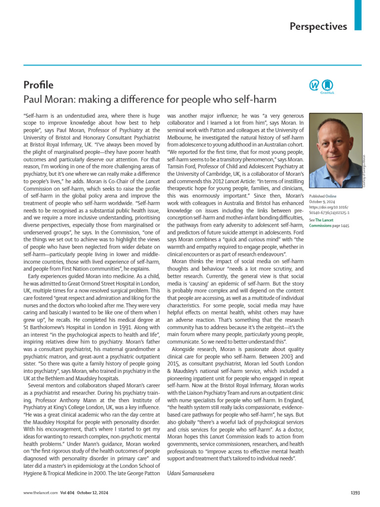 Paul Moran's Impact on Self-Harm Care | PDF | Psychiatry | Psychiatrist