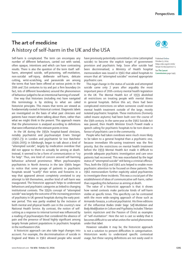 History of Self-Harm in the UK and USA | PDF | Self Harm | Psychiatry
