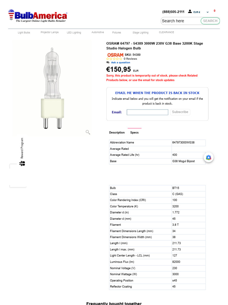 OSRAM 64797 - 54389 3000W 230V G38 Base 3200K Stage Studio Halogen Bul ...