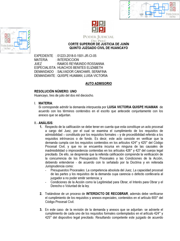 Rj Auto - Admisible | PDF | Ley procesal | Demanda judicial