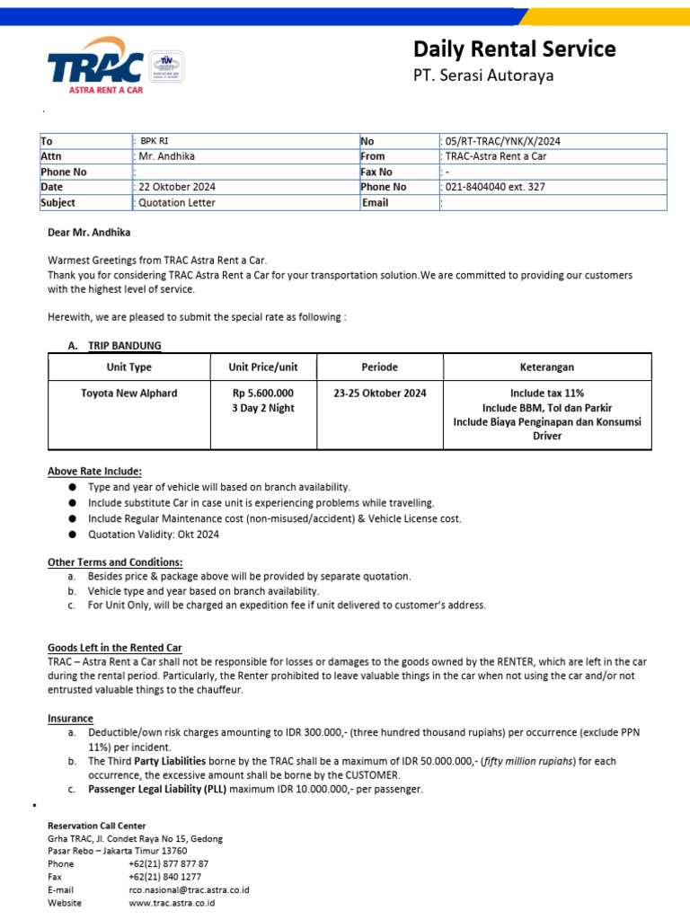 TRAC Daily Quotation - BPK RI (Bandung) | PDF | Car Rental | Transport