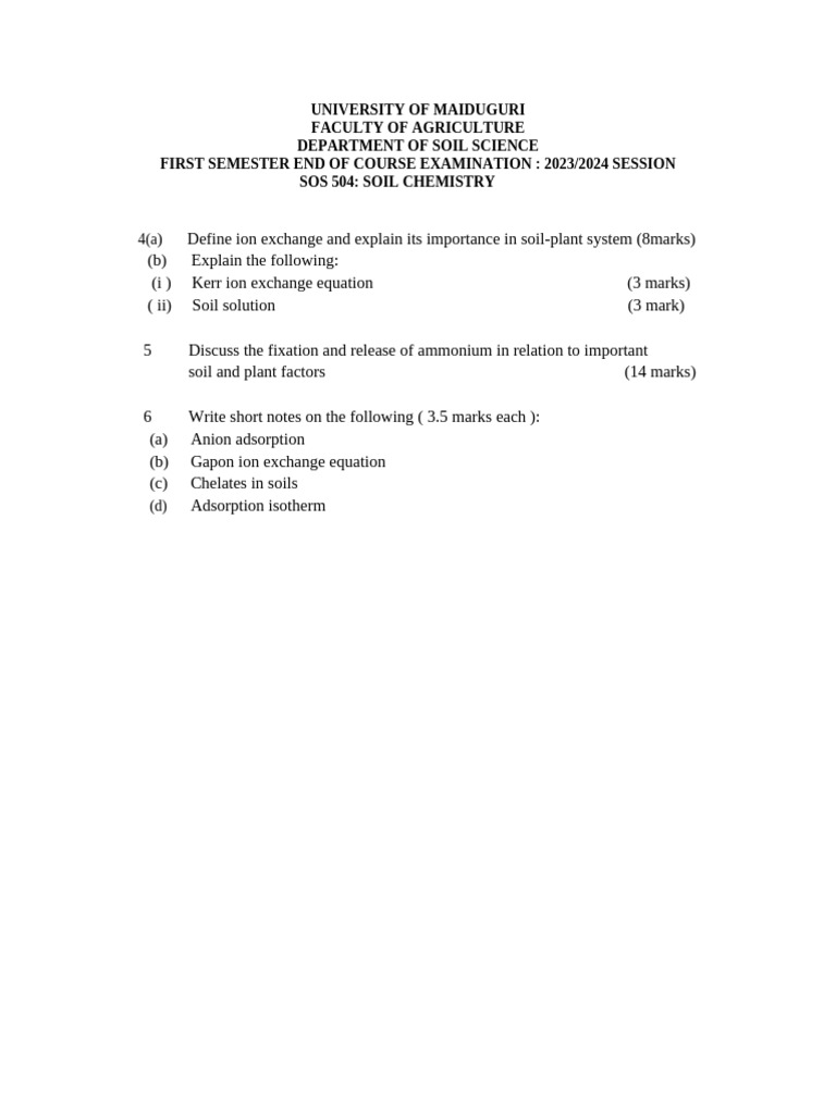 University of Maiduguri-2023 - 2024 Examination Sos 504 | PDF