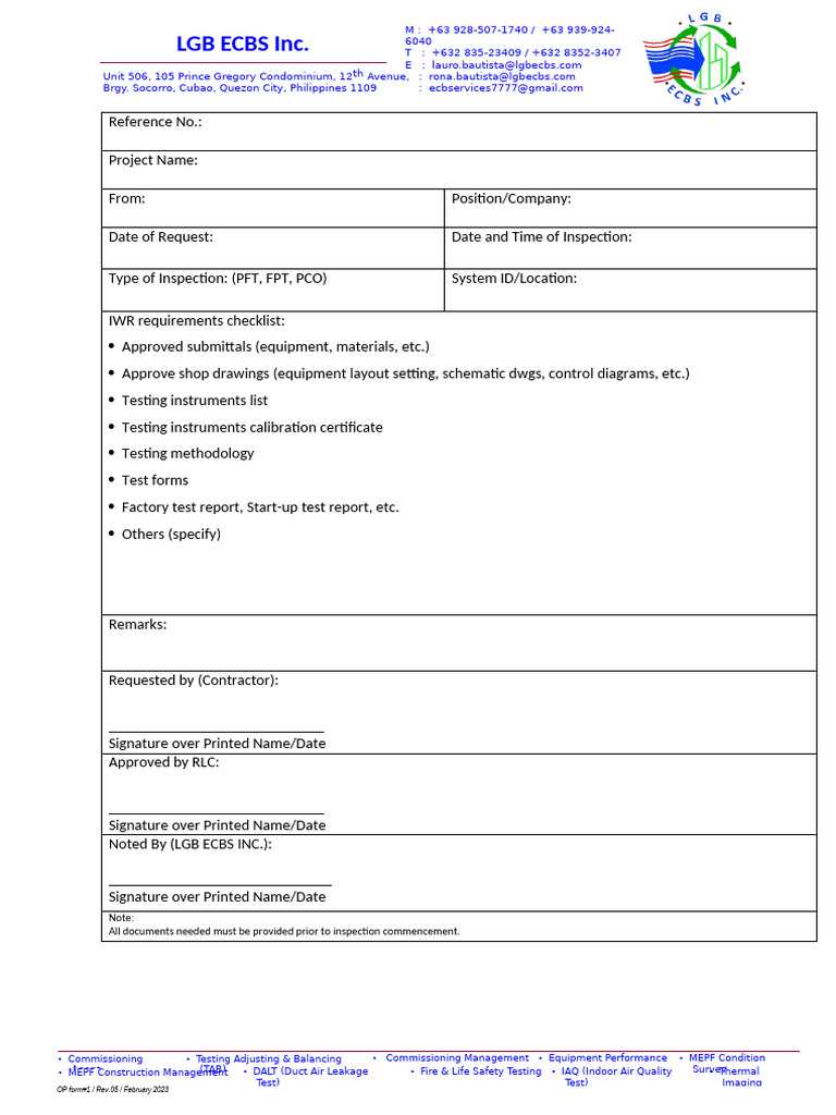 Inspection Work Request (IWR) Form | PDF | Building Technology ...