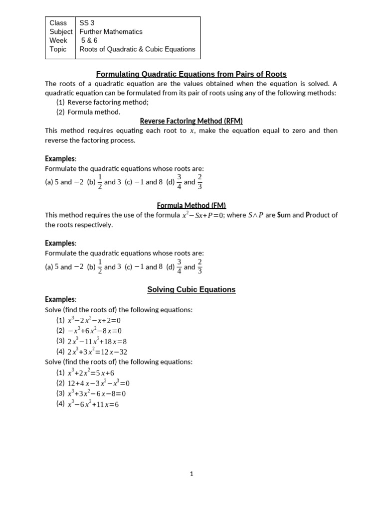 Roots of Quadratic & Cubic Equations | PDF