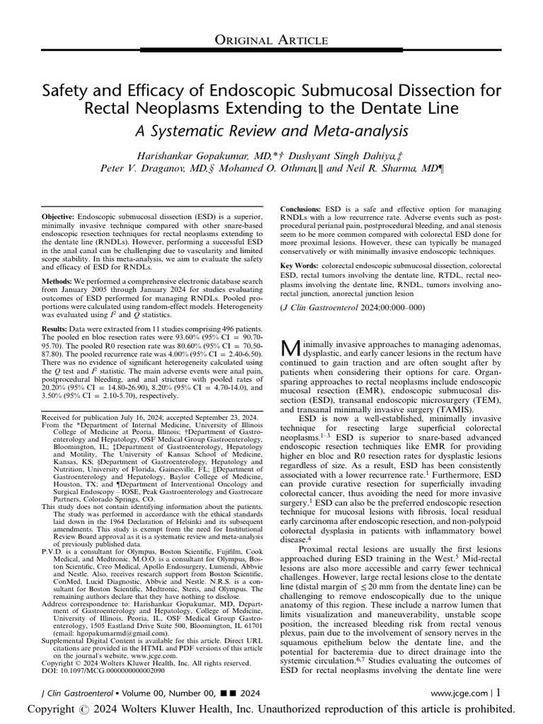 Safety and Efficacy of Endoscopic Submucosal Dissection For Rectal Neoplasms Extending To The ...