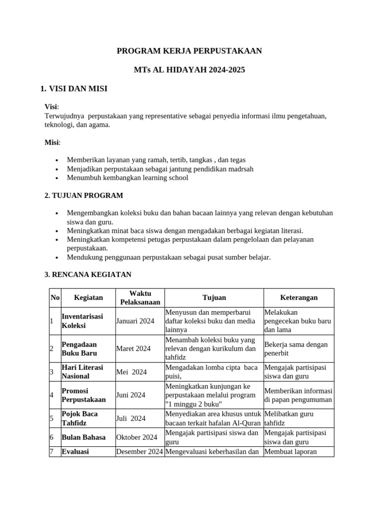 Program Kerja Perpustakaan 2024 | PDF
