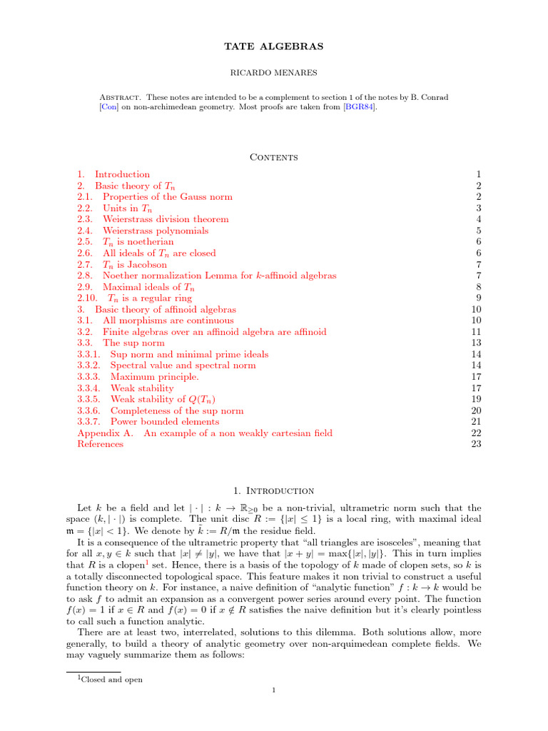 Tate Algebra s | PDF | Ring (Mathematics) | Field (Mathematics)