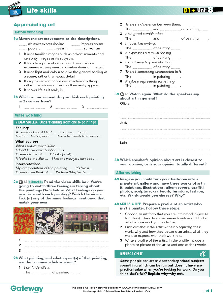B1+ UNIT 8 Life Skills Video Worksheet | PDF | Paintings | Feeling