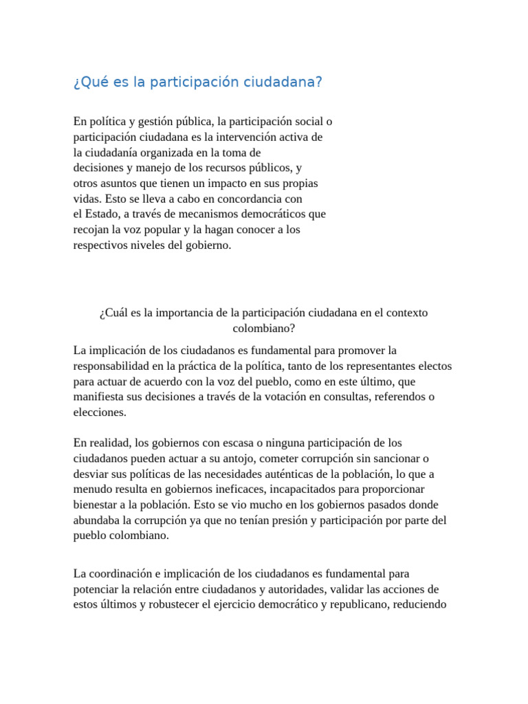 Importancia de la Participación Ciudadana en Colombia | PDF ...