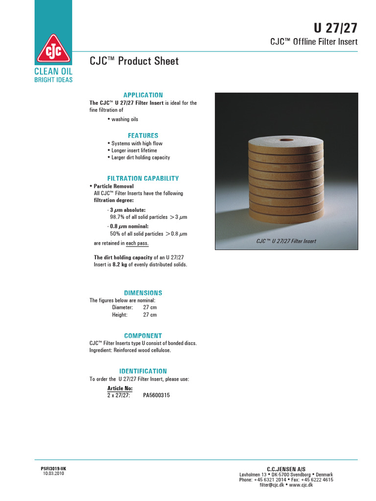 CJC Product Sheet, Filter Insert, U2727 | PDF | Technology & Engineering