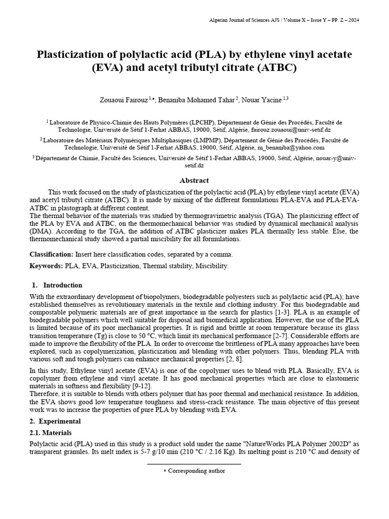 Plasticization of Polylactic Acid (Pla) by Ethylene Vinyl Acetate (Eva ...