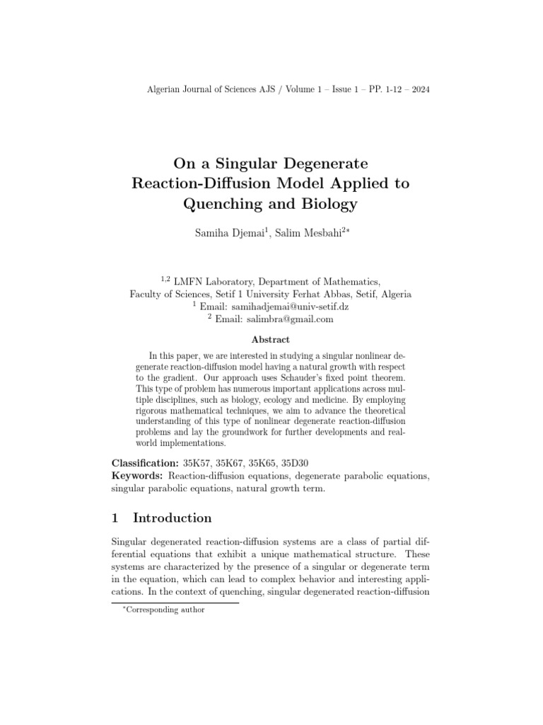 On A Singular Degenerate Reaction Diffusion Model Applied To Quenching and Biology | PDF ...